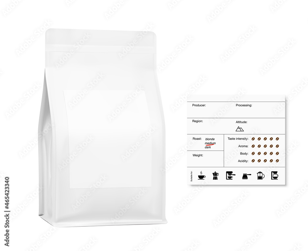 Realistic bag mockup with template label isolated on white background ...