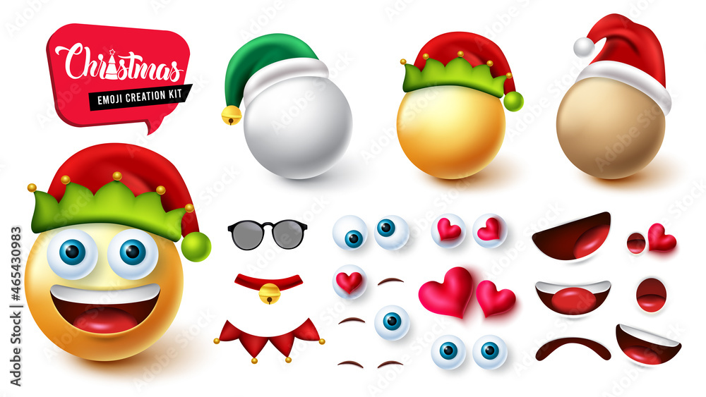 Emoji elf creator kit vector set. Smileys christmas 3d face creation of ...