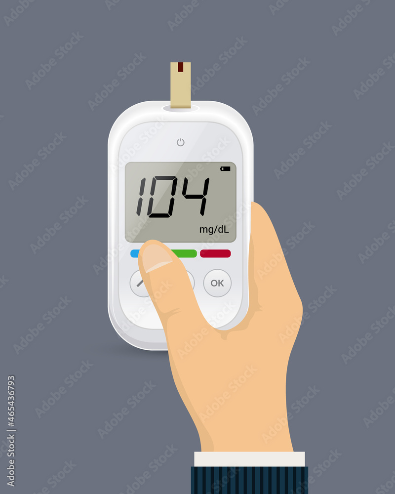 Glucose sugar test in hand icon. Glucometer vector blood monitor ...