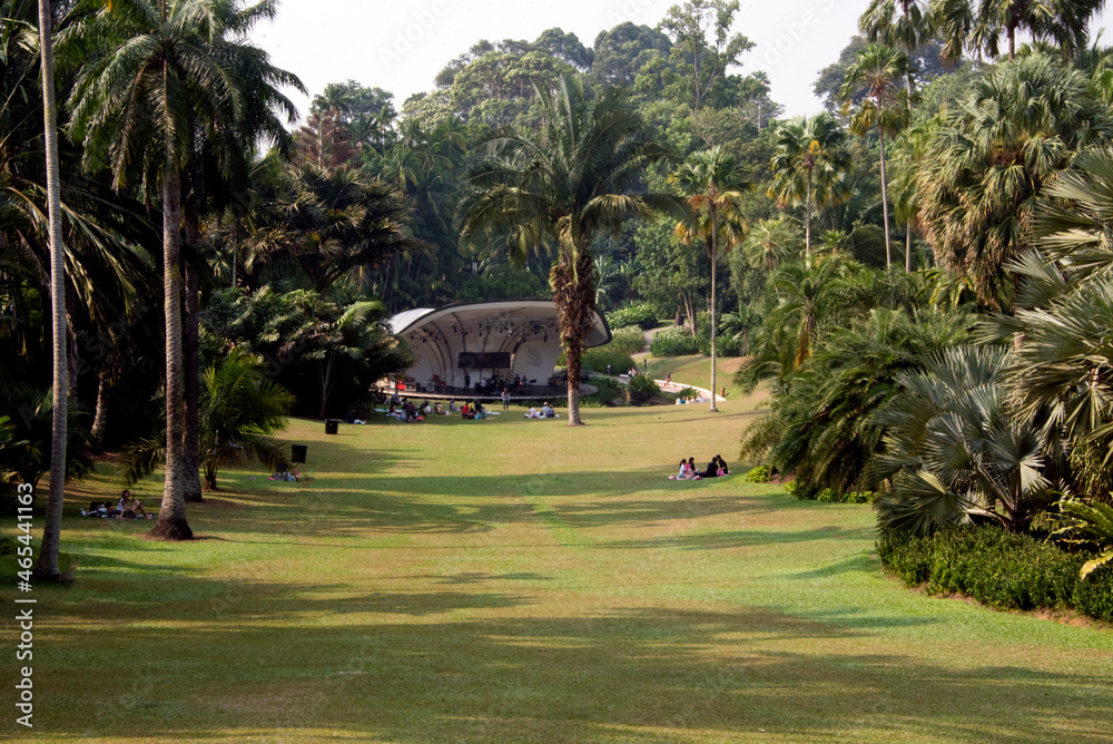 Large open space lawn with an auditorium at one end and tropical trees ...