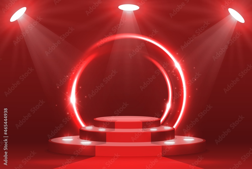 3d podium on stage with ramp lights. Theatre, nightclub or circus red ...