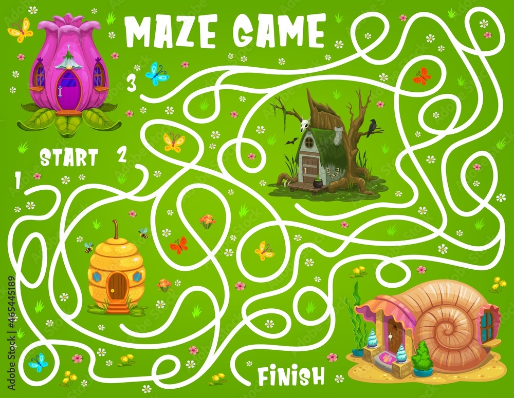 Kids labyrinth maze, cartoon flower bud, beehive, seashell and witch ...