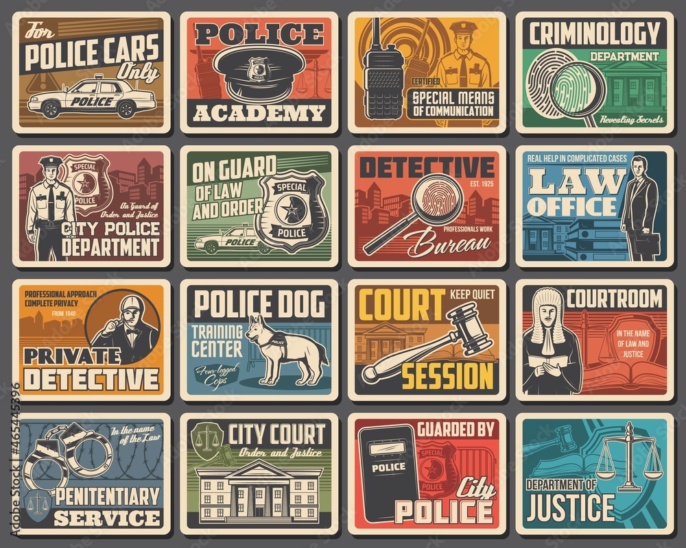 Police, court, policeman, lawyer and detective, vector law and order ...