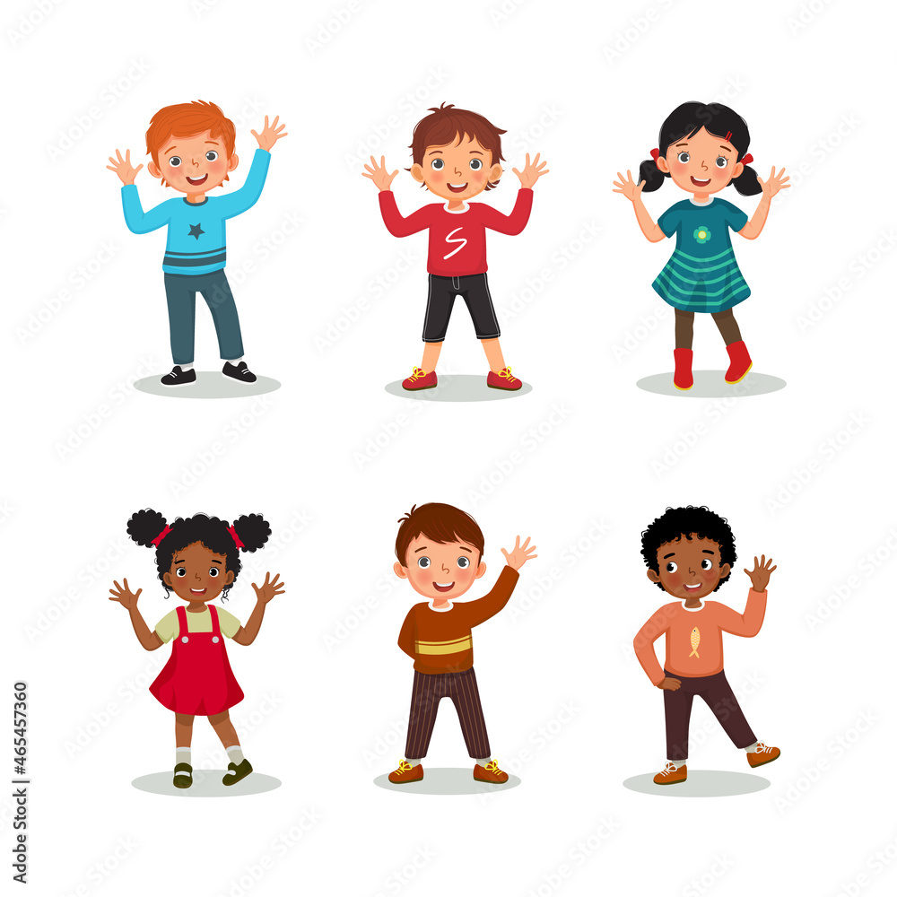 Poster Set of happy children waving hands greeting in different ...