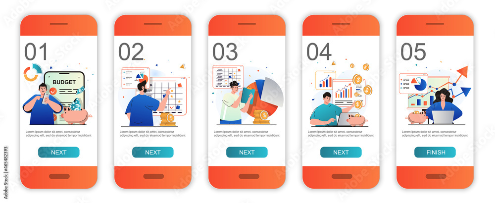 Financial budget concept onboarding screens for mobile app templates ...