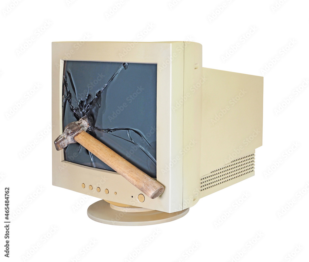Smashed old kinescope computer. Sledgehammer smashes old TV. Broken ...