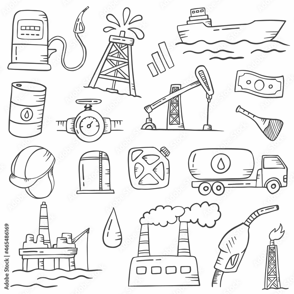 Vetor de oil and gas industry doodle hand drawn set collections with ...