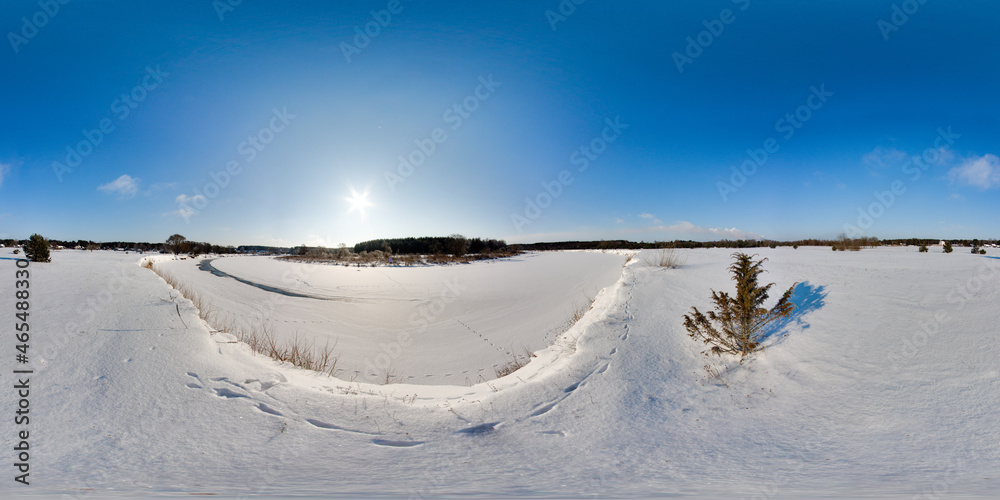 Amazing landscape with blue sky sun snow river trees at winter 3D ...