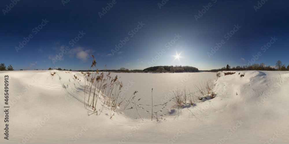 Amazing landscape with blue sky sun snow river trees at winter 3D ...