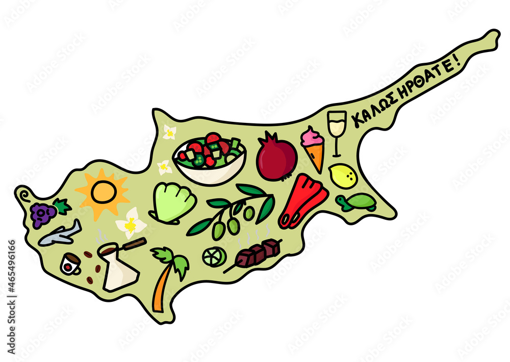 Illustrated map of Cyprus with symbols and landmarks. Stock Vector ...