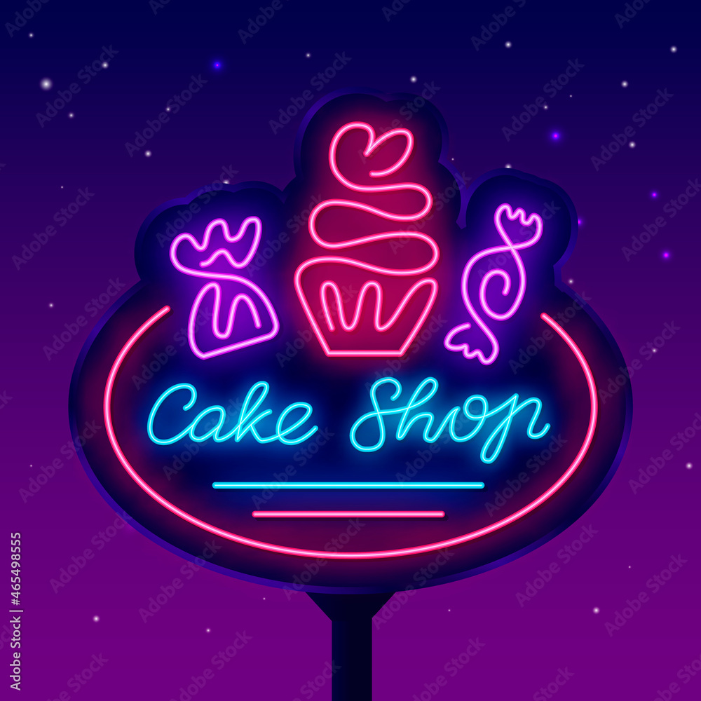 Vecteur Stock Cake shop neon sign. Street billboard for candy store ...