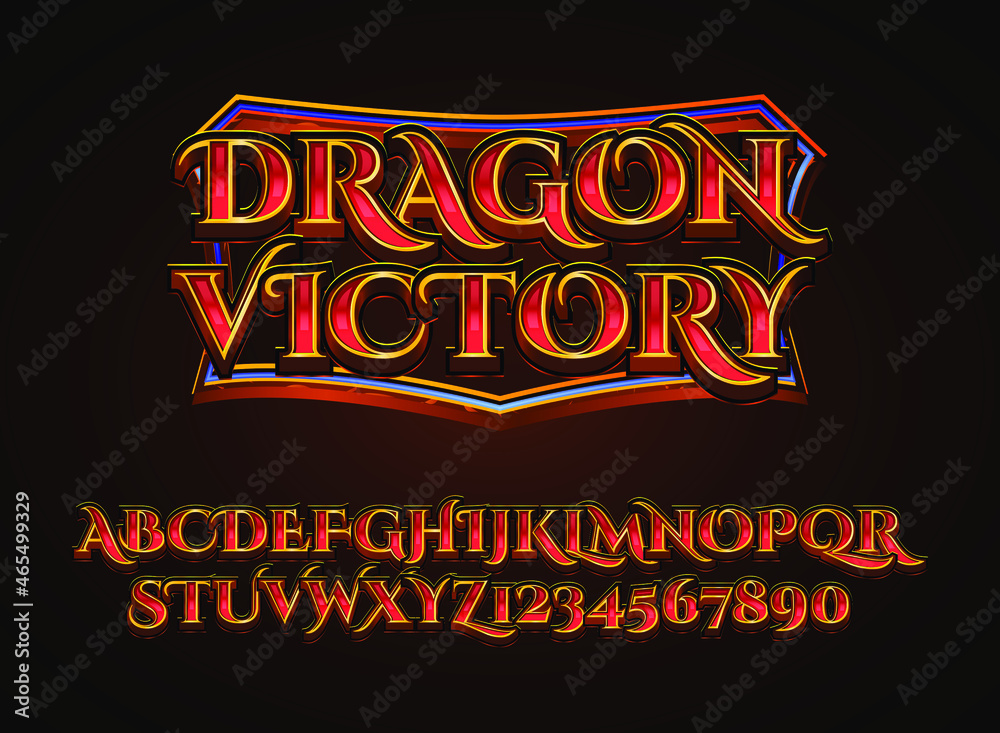 fantasy golden red dragon victory medieval rpg game logo text effect ...