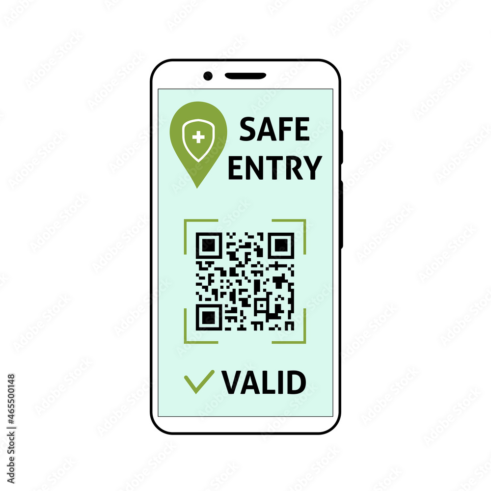 Vertical banner with qr-code and pass check mark valid. Safe Entry text ...