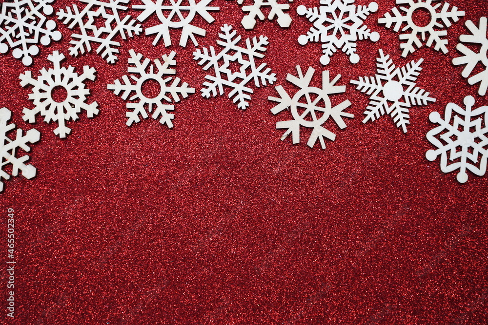 wooden snowflake border frame on red glitter background Stock Photo ...
