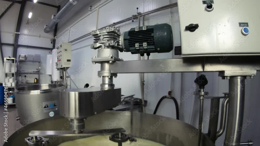 Mixing milk in a cheese factory in a large vat. Cheese production in a ...