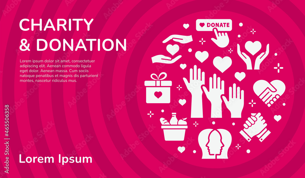 Vector banner templates with charity icons. Set of donate, volunteer ...