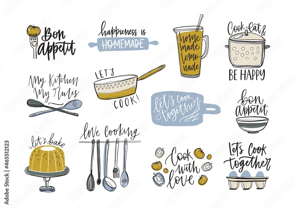 Bundle of slogans written with cursive font and decorated with cookware ...