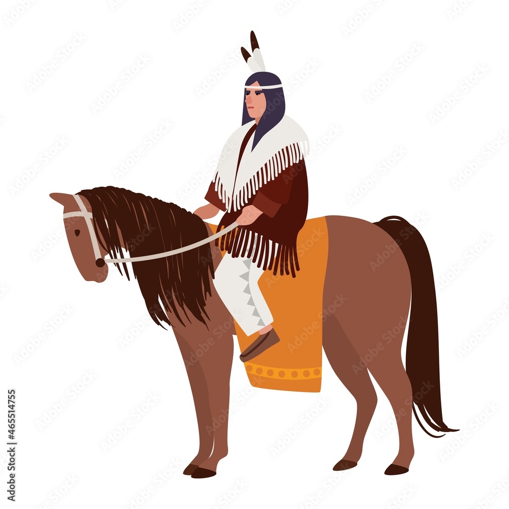 American Indian man wearing ethnic clothes sitting on horse. Horseman ...