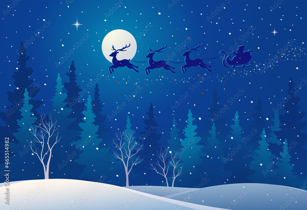 Vector illustration of Santa Claus sleigh flying above forest, dark ...