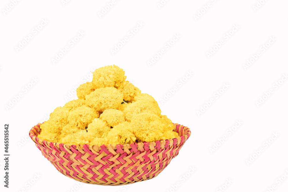 Golden Marigold Known As Gende Ka Phool In Bamboo Basket Tokri. Genda ...