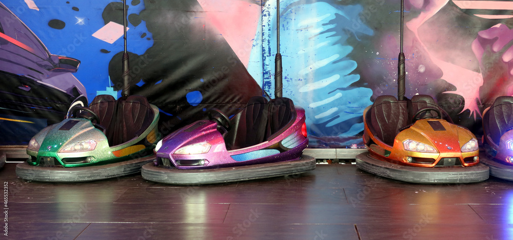Electric bumper cars ready to use. Funfair entertainment Amusement park ...