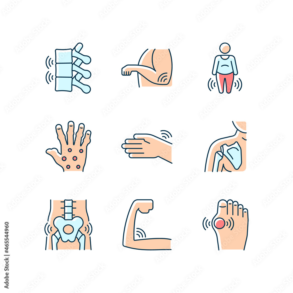 Joint inflammation RGB color icons set. Bone pain. Rheumatoid arthritis ...
