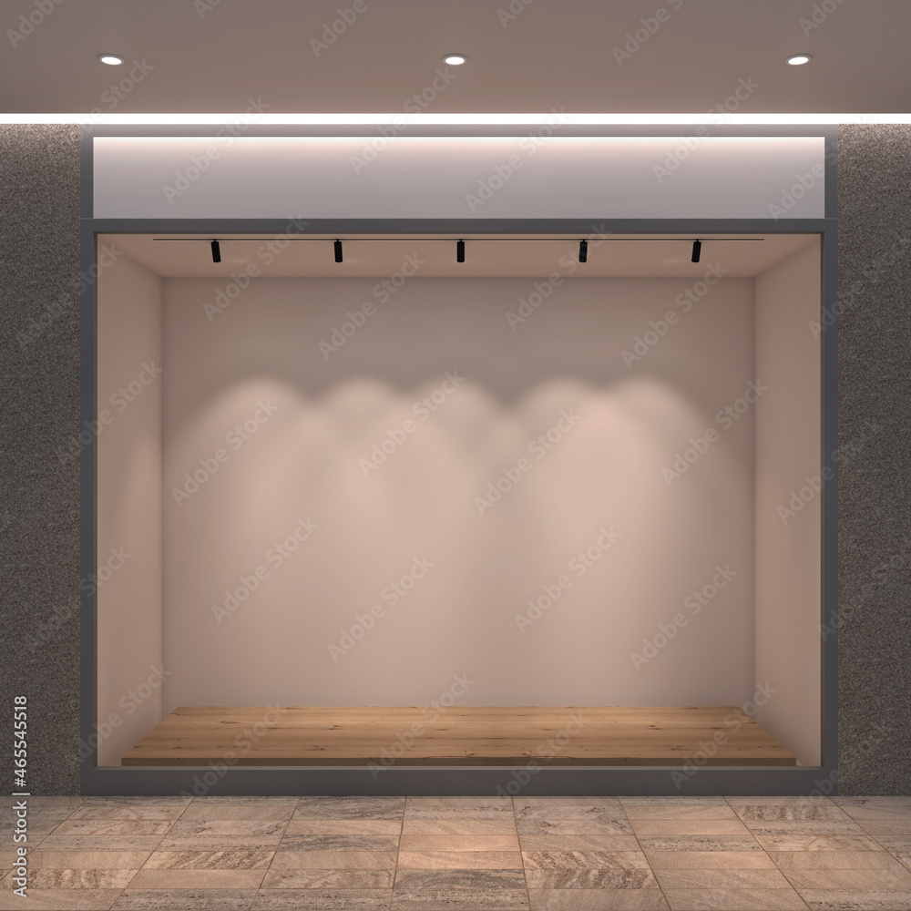 3d Rendering of an empty store window with wooden platform and ...