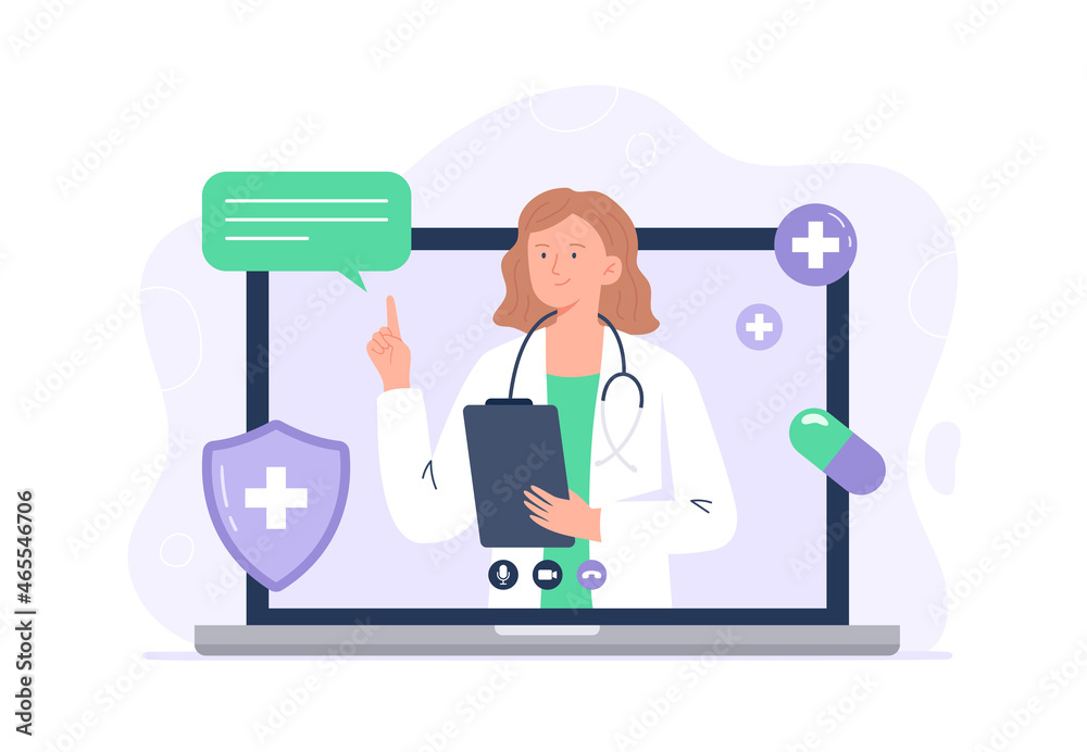 Laptop screen with a female doctor. Video call with doctor. Online ...