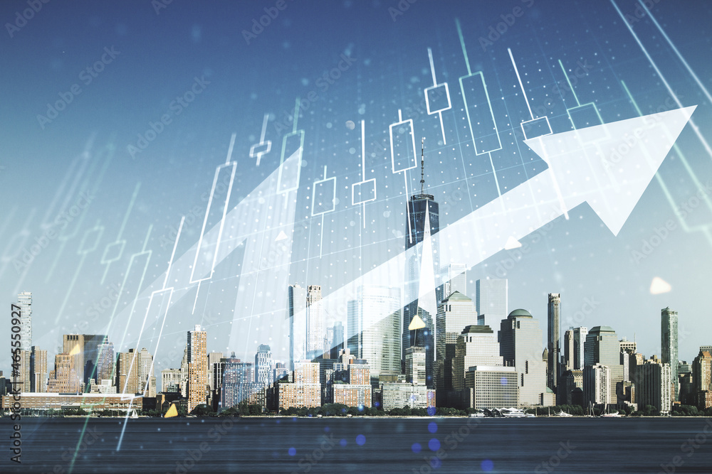 Abstract creative financial diagram and upward arrow hologram on New ...