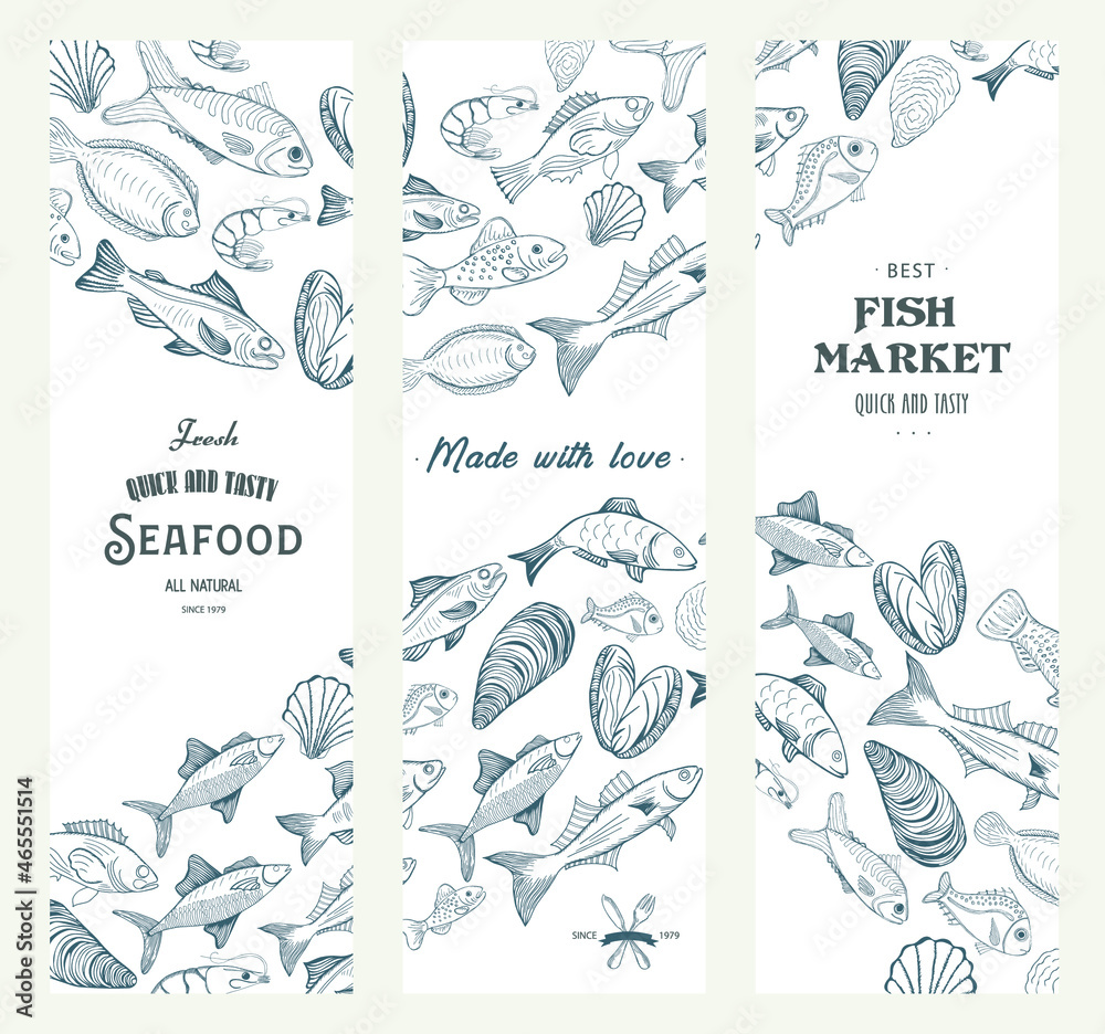 Vector illustration sketch - fish marketCard menu seafood. vintage ...