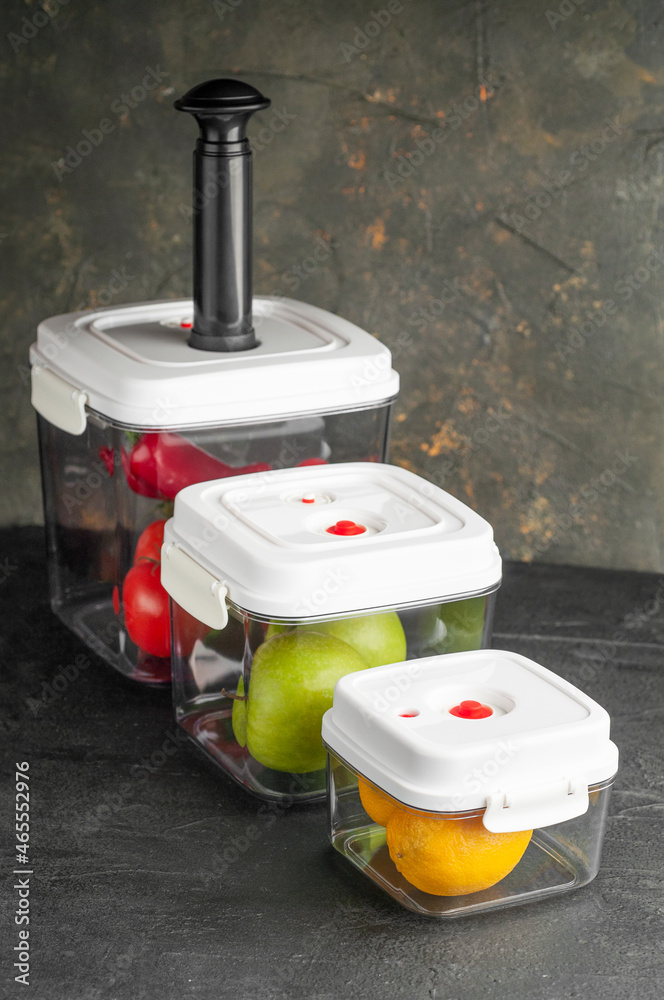 Vacuum containers with pump and valve. For food storage. A set of three ...