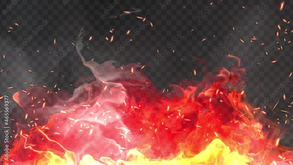 Fire with smoke concept. Moving red or orange flame with flying sparks ...