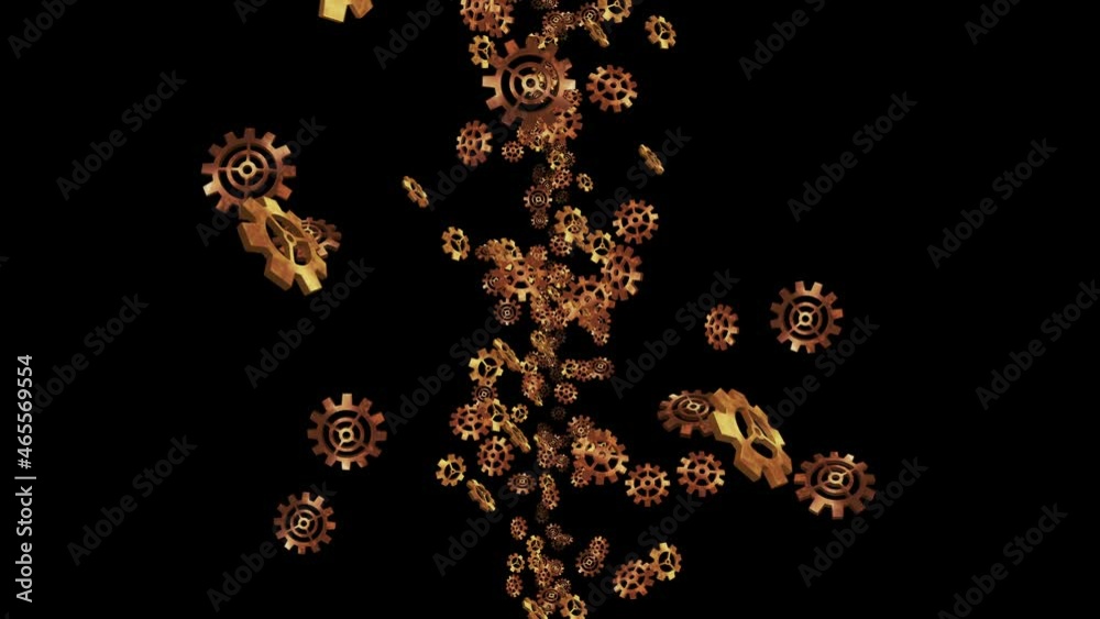 Golden metal gears floating in air on black background. Configuration ...