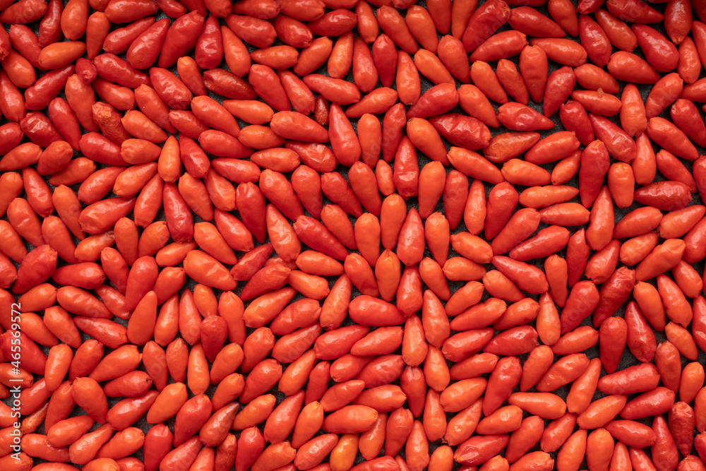 Little chili peppers (Pequin chili) background. Small red ripe hot ...
