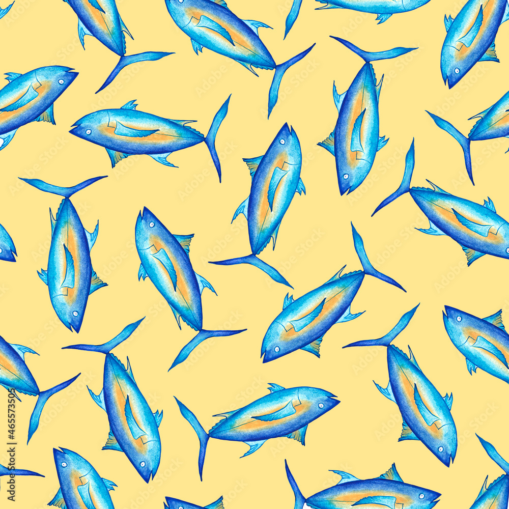 Blue tuna fish on a yellow background. Watercolor illustration. Sea ...