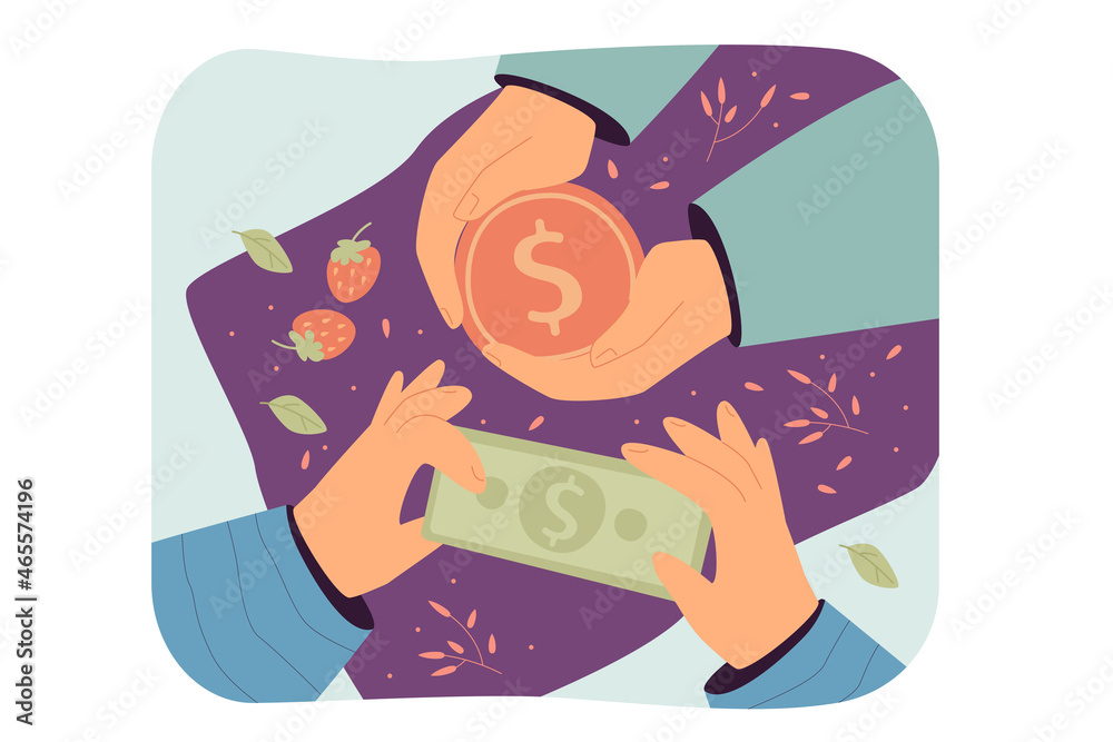 One pair of hands stretching coin and another holding paper dollar ...