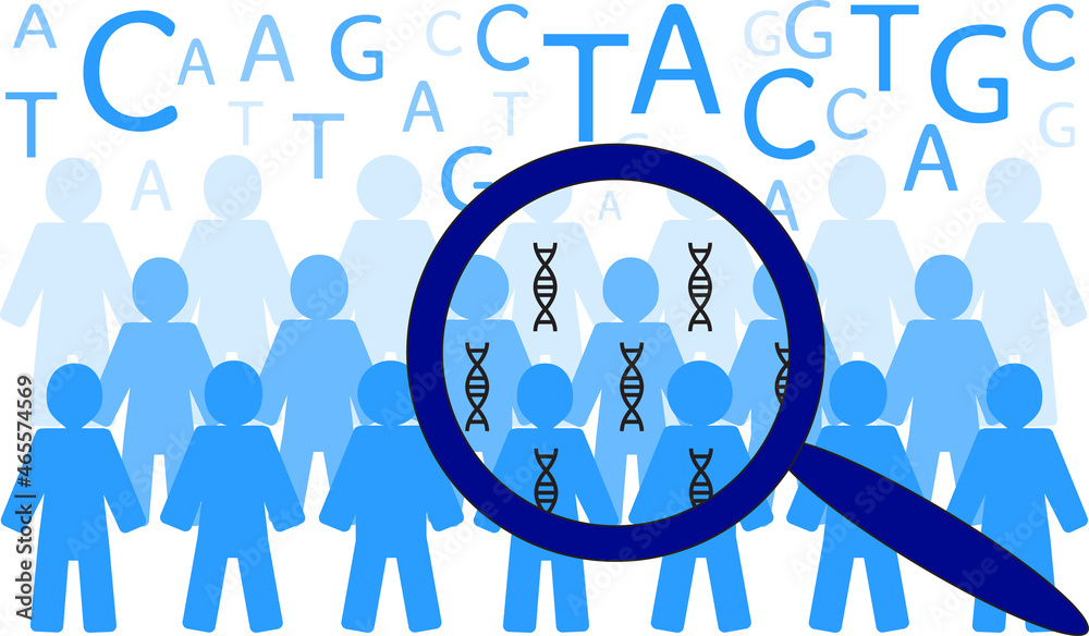 Illustration of human population carrying DNA under magnifying glass ...