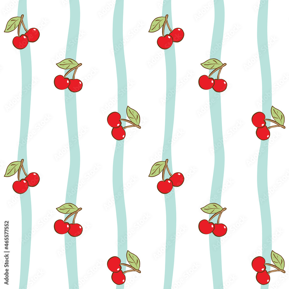 Seamless Pattern with Cherry and Green Stripes on White Background ...