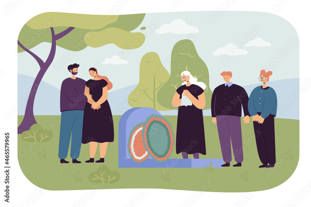 Cartoon family in mourning clothes crying at headstone. Sad grandmother ...
