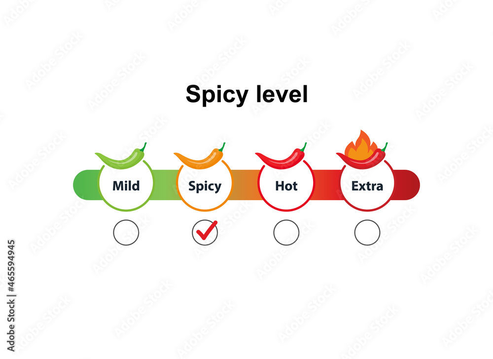 Level of spicy chili pepper. Spicy food level icons, mild, medium and ...