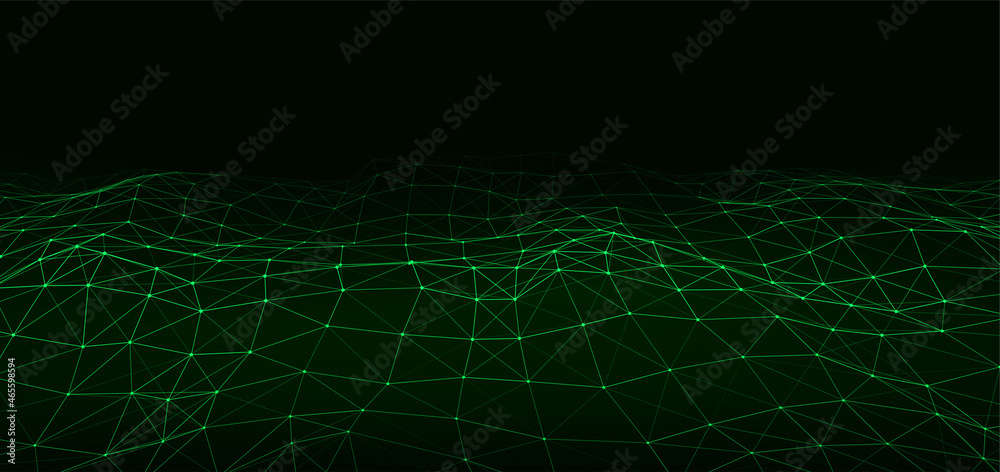 Technological wave of points and lines on a green background ...