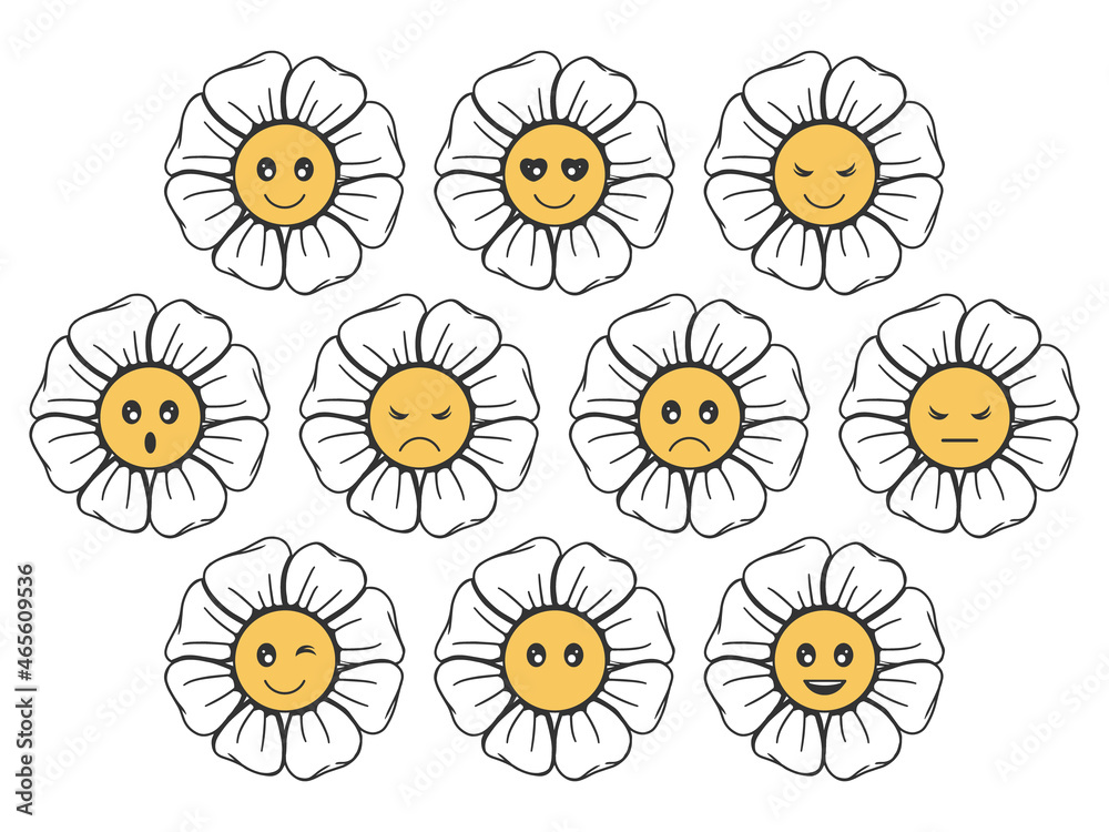 collection of monochrome and color emojis in the shape of a flower. A ...