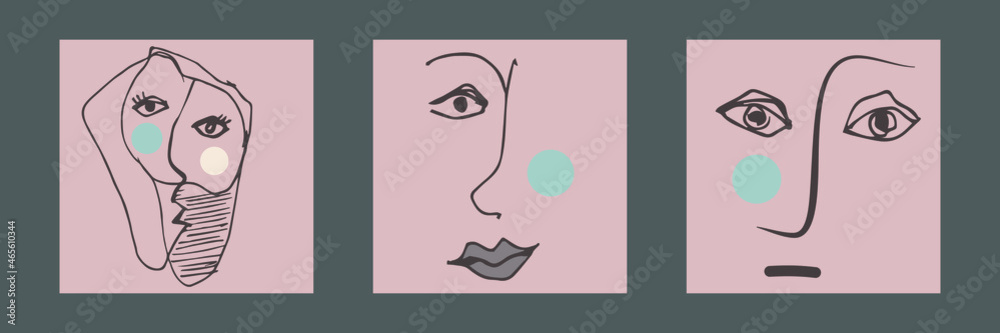 set of three arts with abstract faces in beige colors. Hand-drawn lines ...