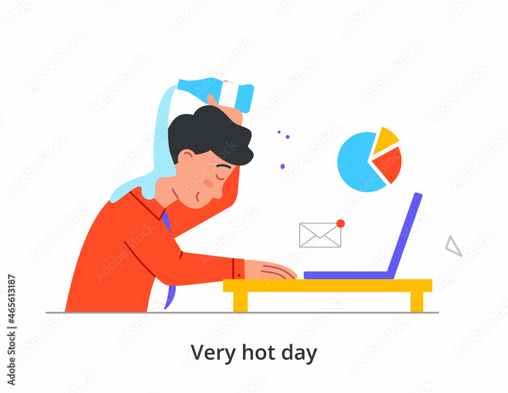 Man works in heat concept. Employee working at laptop and pouring cold ...