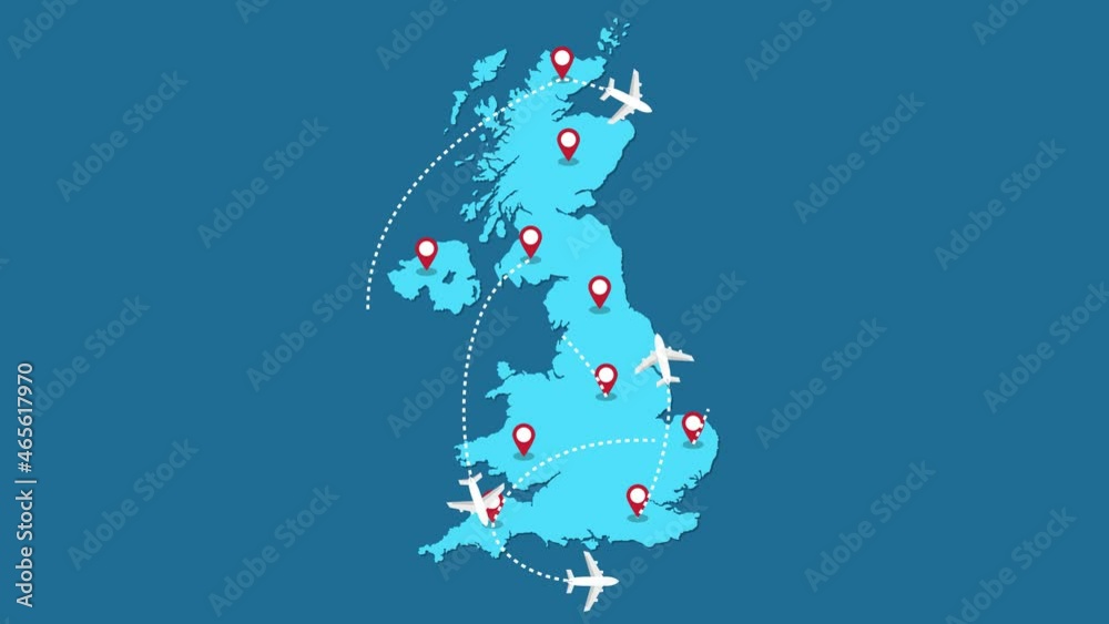 Planes routes flying over United Kingdom map, tourism and travel ...