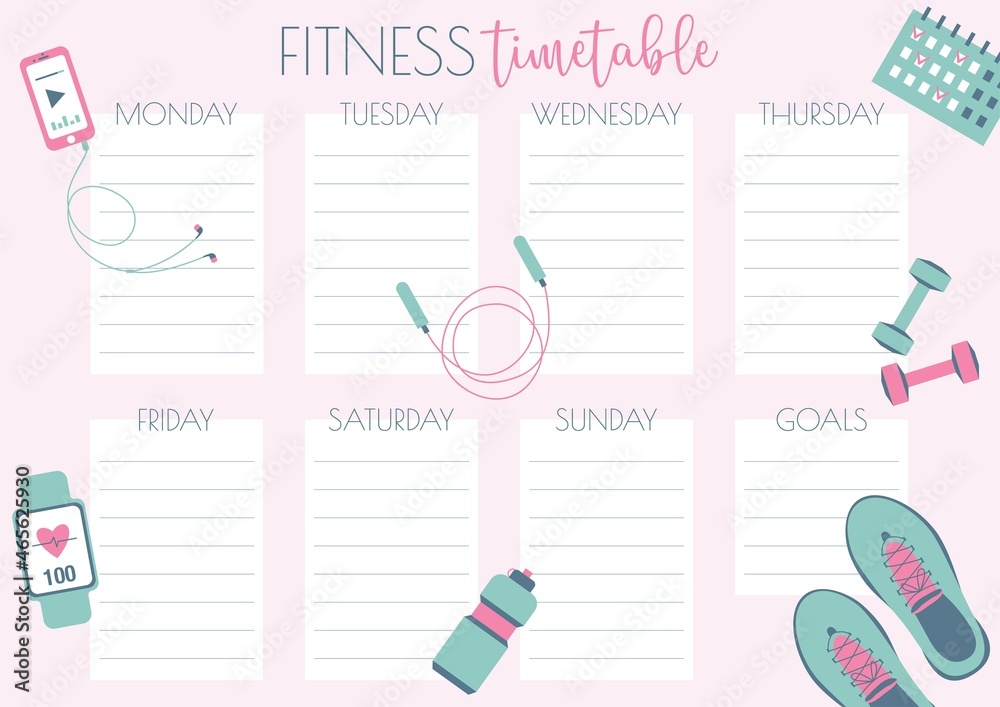 Fitness timetable. Weekly schedule template with shoes, weights, player ...