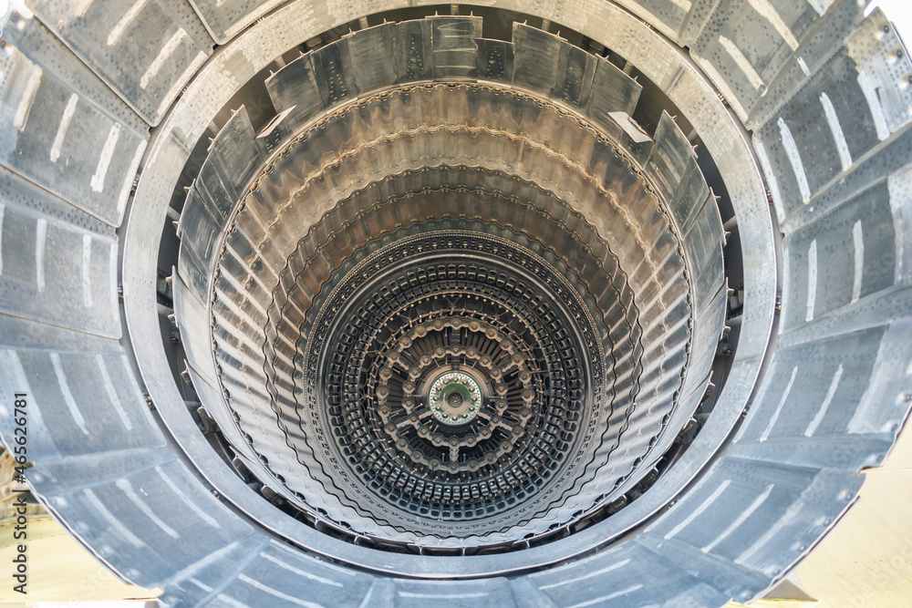 aircraft engine. inside view of an aircraft gas turbine engine. unique ...