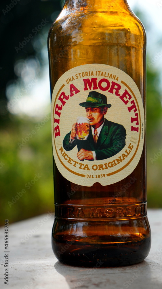 Rome, Italy: October 20, 2018: Label of Moretti beer on a wall with a ...