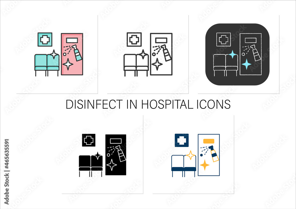 Disinfection in hospitals icons set.Sanitizing wards and beds.Isolating ...
