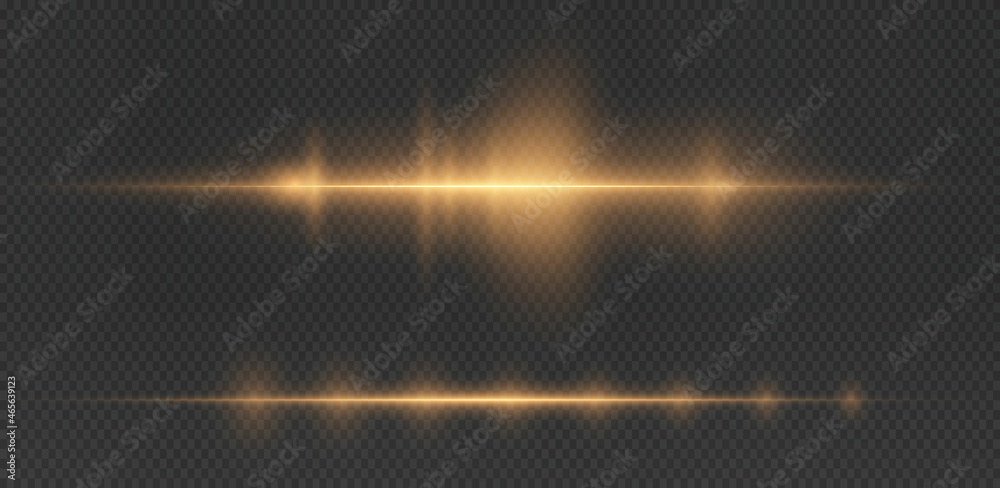 Gold horizontal lens flares pack. Laser beams, horizontal light rays ...